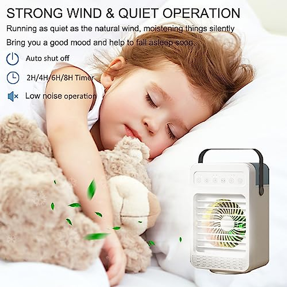 Trovono Portable Air Conditioner Fan,Mini Personal Air Cooler with 4 Wind Speed,2/4/6H Timer,600ML Tank,Rainbow LED Light,120°Oscillating Cooling Fan,2 Spray,Low Noise,Desktop Office, Home, Bedroom