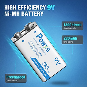 POWXS 9V Rechargeable Battereis Charger and 5 Pack 280mAh 9 Volt Ni-MH Rechargeable Batteries for Smoke Alarms, Guitar, Cameras, Toys & More