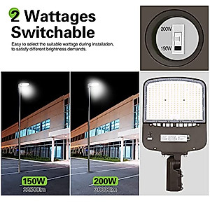 hykolity 150W/200W Switchable LED Parking Lot Light, 150LM/W LED Street Lighting with Photocell Sensor [400W-600W HPS Equiv.] 5000K 100-277V, Commercial Adjustable Slip Fitter Mount LED Shoebox Light