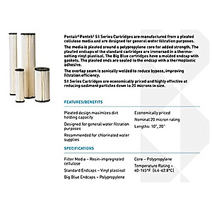 Pentair Pentek S1 Sediment Water Filter, 10-Inch, Under Sink Pleated Cellulose Filter Cartridge, 10" x 2.5", 20 Micron