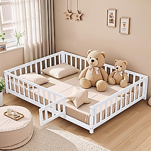 Harper & Bright Designs Floor Bed Full Size Montessori Bed Frame with Fence and Door, Wooden Full Platform Bed for Kids, Boys Girls, Slats Included, No Box Spring Needed, White