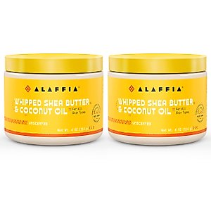 Alaffia Whipped Shea Butter & Coconut Oil, Skin Care and Hair Care, Nourishing Moisturizer Improves Elasticity and Repairs with Vitamin E, Unscented, 2 Pack - 4 Oz Ea