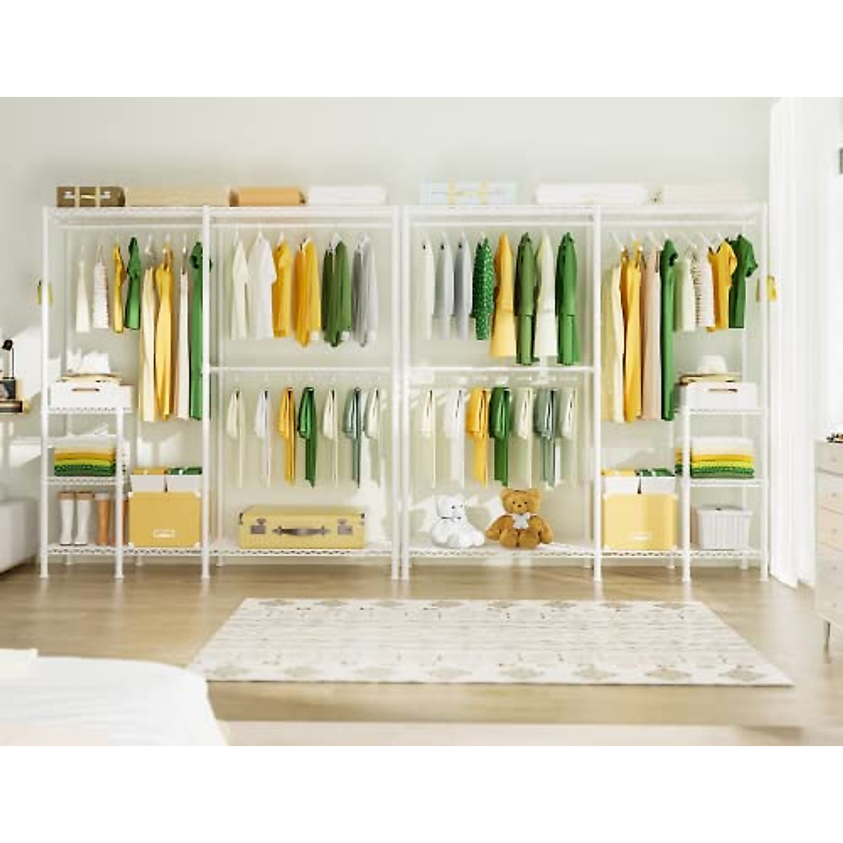 Ulif E2 Heavy Duty Garment Rack, 4-Tier Adjustable Free Standing Closet, Closet Organizers and Storage with 3 Hanger Rods for Bedroom and Cloakroom, 65”W x 14.5”D x 78.3”H, Load Capacity 750LBS, White