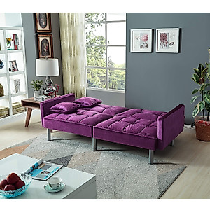 Legend Furniture Velvet Loveseat Futon Convertible Sofa Bed for Living Room and Couch for Bedroom Sofabed Sleeper, 75.5'', Purple