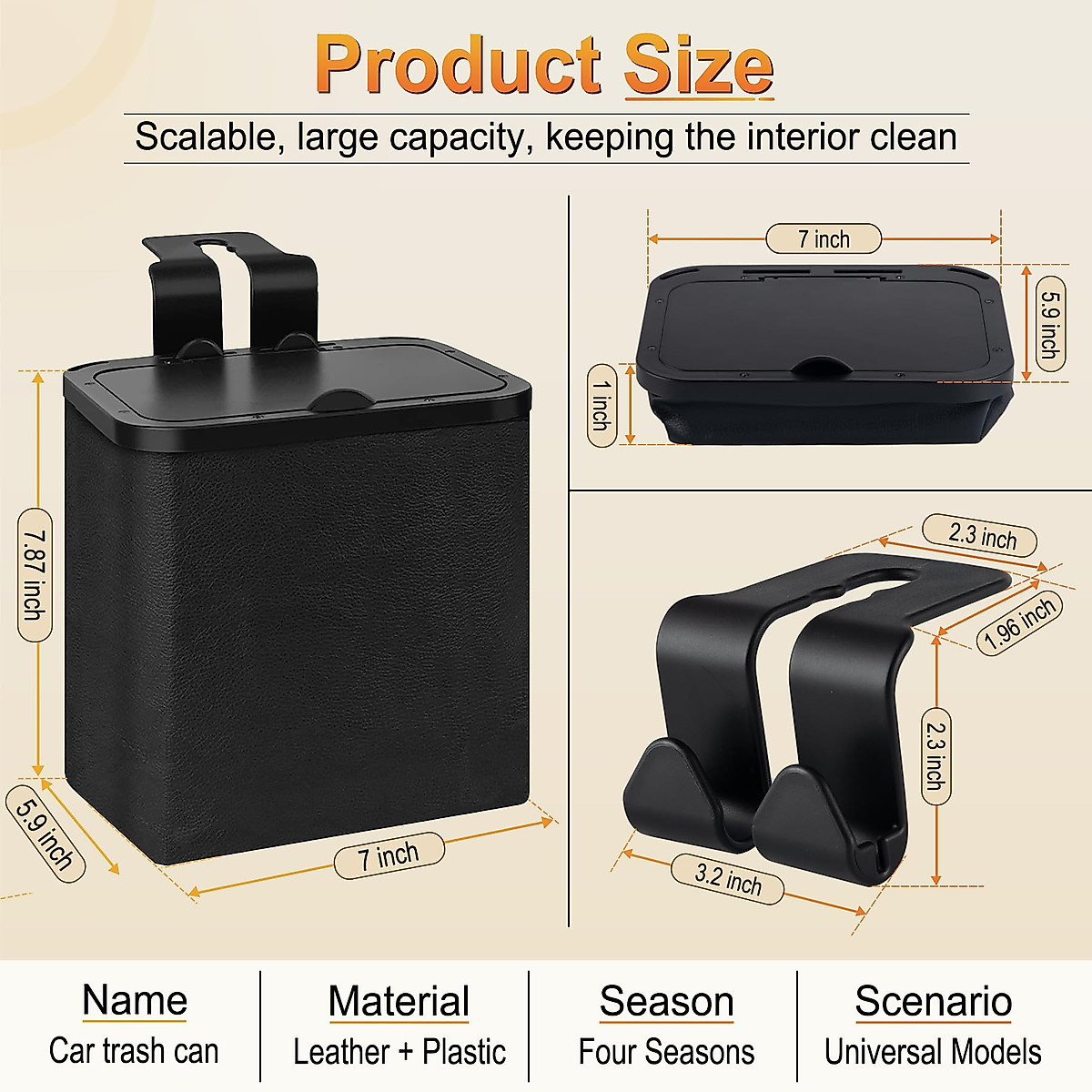 GaRhomxy Car Trash Can, PU Leather, 1.5 Gallon Capacity, Black Color, Foldable Design, Can Also Be Used As Storage Bag