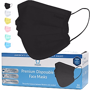 Litepak 2000pcs Disposable Face Masks Black 3-Ply Adult Mask Nose Wire Protection - Breathable Protective Face Covering (Black)