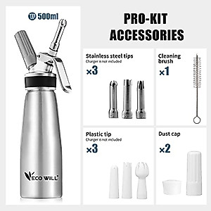 ECO-WILL Professional Whipped Cream Dispenser, Durable Aluminum Cream Whipper with 2 Sets of Stainless Steel and Plastic Tips & Cleaning Brush,1-Pint / 500 mL, Homemade Cream Maker