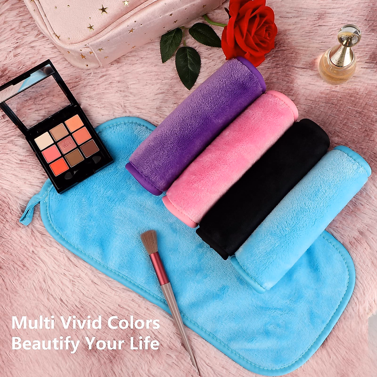 Orighty Makeup Remover Cloths Pack of 4, Reusable Microfiber Facial Cleansing Cloths, Remove Instantly Dirt, Makeup&Waterproof Mascara with Just Water, 15.5 x 7.5 in, Blue/Purple/Black/Pink