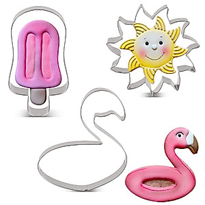 LILIAO Summer Beach Bikini Themed Cookie Cutter Set - 3 Piece - Sun, Flamingo Float and Popsicle Biscuit Fondant Cutter - Stainless Steel