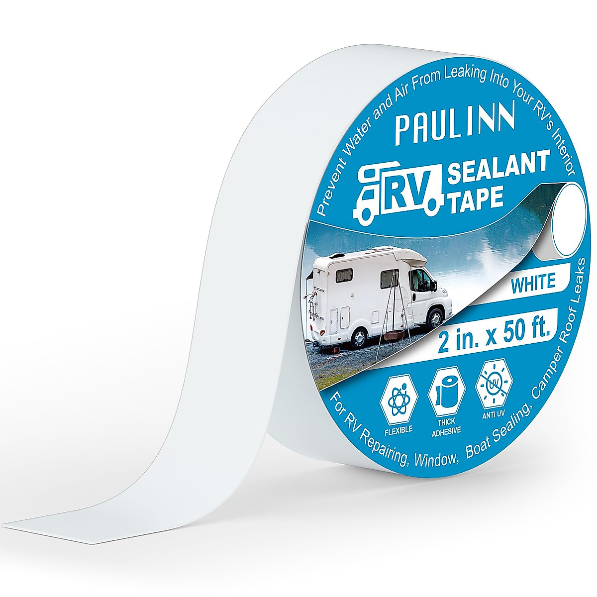 PAULINN RV Camper Roofing Repair Sealant Tape, 2 Inch X 50 Foot Natural White Trailer Roof Rubber Sealing Tape, UV & Weatherproof Roof Seal Tape for RV Camper Trailer Boat Sealing Leak Repair