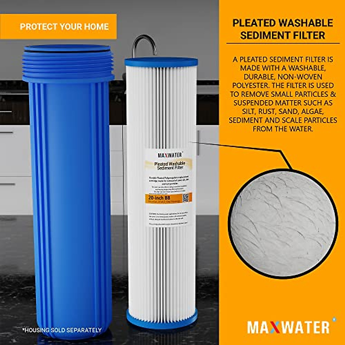 Max Water 20 x 4.5 inch Whole House Pleated Sediment Water Filter - 10 Micron - Compatible with 20" BB Whole House Water Filtration Systems
