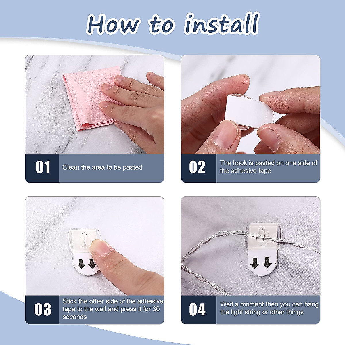 Jetec 120 Mini Clear Hook Clips With144 Pcs Tapes Christmas Transparent Light Hook Clips Self Adhesive Hooks Hanging Clip Multifunction Xmas Decoration Wall Hanging Clips for Outdoor Indoor