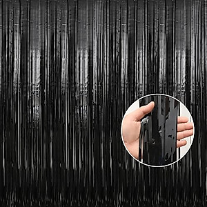 Crosize 4 Pack 3.3 x 8.2 ft Black Foil Fringe Curtains Party Decorations, Black Tinsel Curtain Backdrop for Parties, Door Streamers, Glitter Streamer Fringe Backdrop for Birthday Decoration