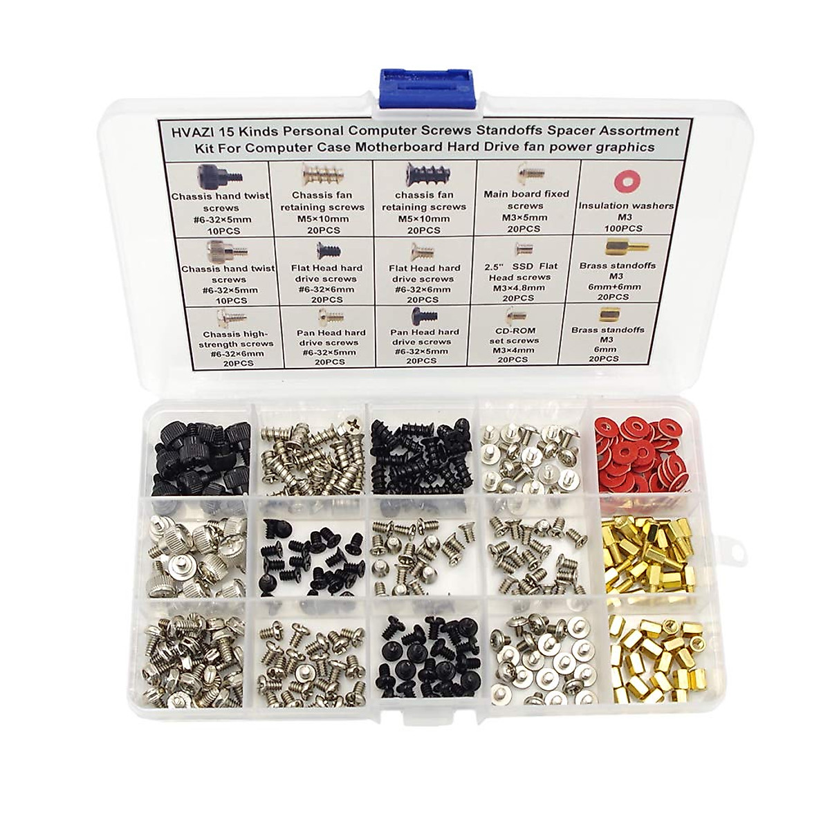 HVAZI 15 Kinds Personal Computer Screws Standoffs Spacer Assortment Kit for Computer Case Motherboard Hard Drive Fan Power Graphics