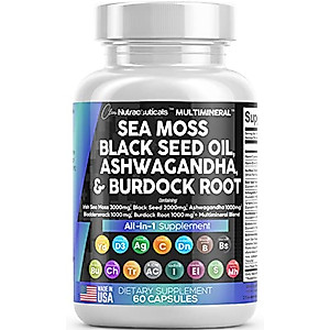 Sea Moss 3000mg Black Seed Oil 2000mg Ashwagandha 1000mg Turmeric 1000mg Bladderwrack 1000mg Burdock 1000mg & Vitamin C Vitamin D3 with Elderberry Manuka Dandelion Yellow Dock Iodine Chlorophyll ACV