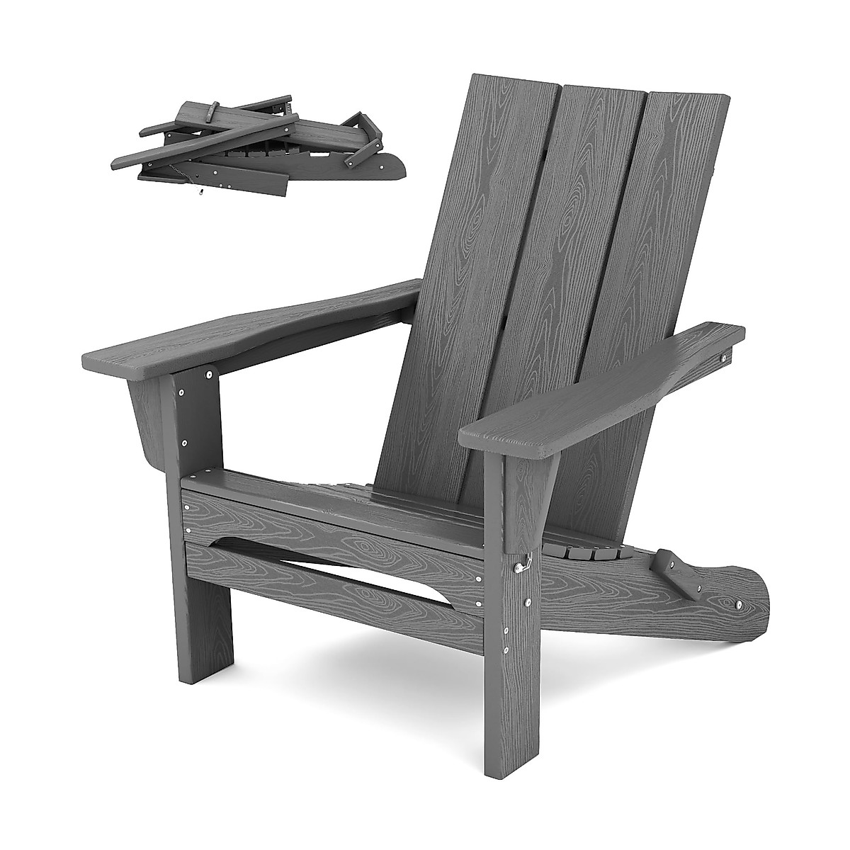 SERWALL Modern Folding Adirondack Chair，Oversized Folding Adirondack Chair with Curved Backrest, HDPE Outdoor Adirondack Chair, Gray