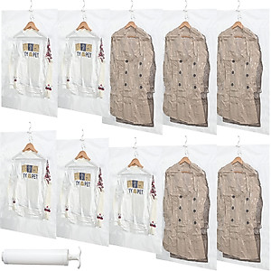 Shappy 10 Pcs Hanging Vacuum Storage Bags for Space Clothes Seal Saver with 1 Hand Pump, 5 Long 53'' x 27.6'', Short 43.3'' 27.6'' Clear Suits Dress Jackets Coat Closet Organizer