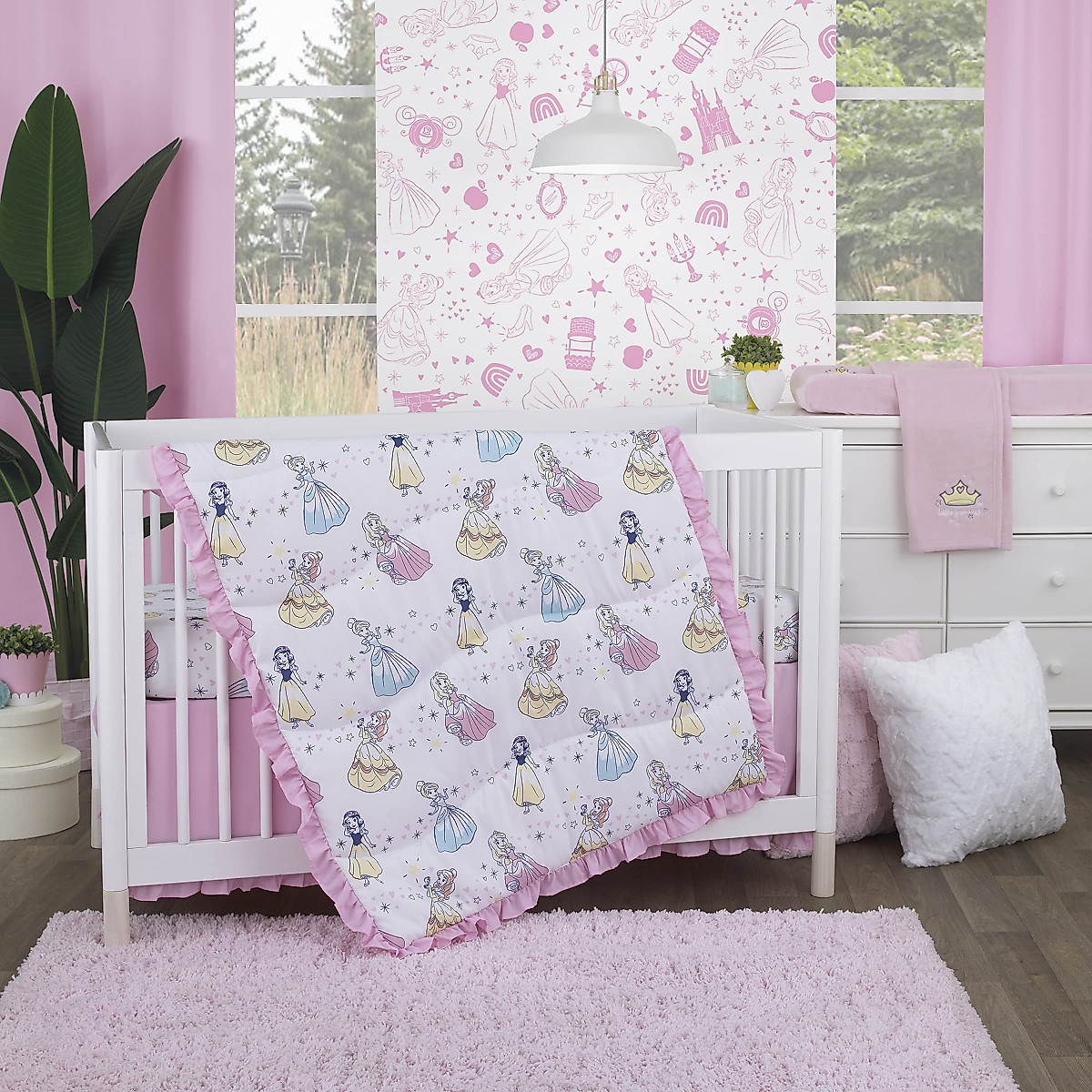 Disney Little Princess Pink, Blue, Yellow and White Stars and Hearts Cinderella, Snow White, Belle and Aurora 6 Piece Nursery Crib Bedding Set