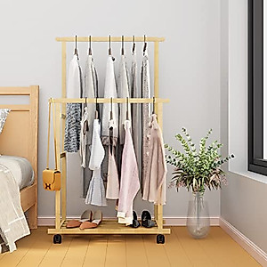 MOUTIK Wood Rolling Clothes Hanging Rack: Heavy Duty Double Rods Clothing Garment Racks - Bamboo Coat Hanger Organizer on Lockable Wheels with Shoes Shelf for Storage Display