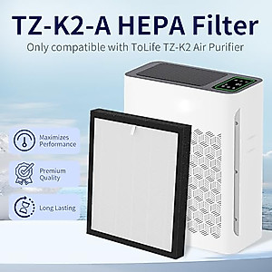 TZ-K2 Replacement Fil-ter Compatible with ToLife TZ-K2 Air Purifi-er, 3-in-1 True HEPA TZ-K2-A Air Clea-ner Filt-er with High-Efficicency Activated Carbon Fil-ter and Pre Fil-ter, 2 Pack
