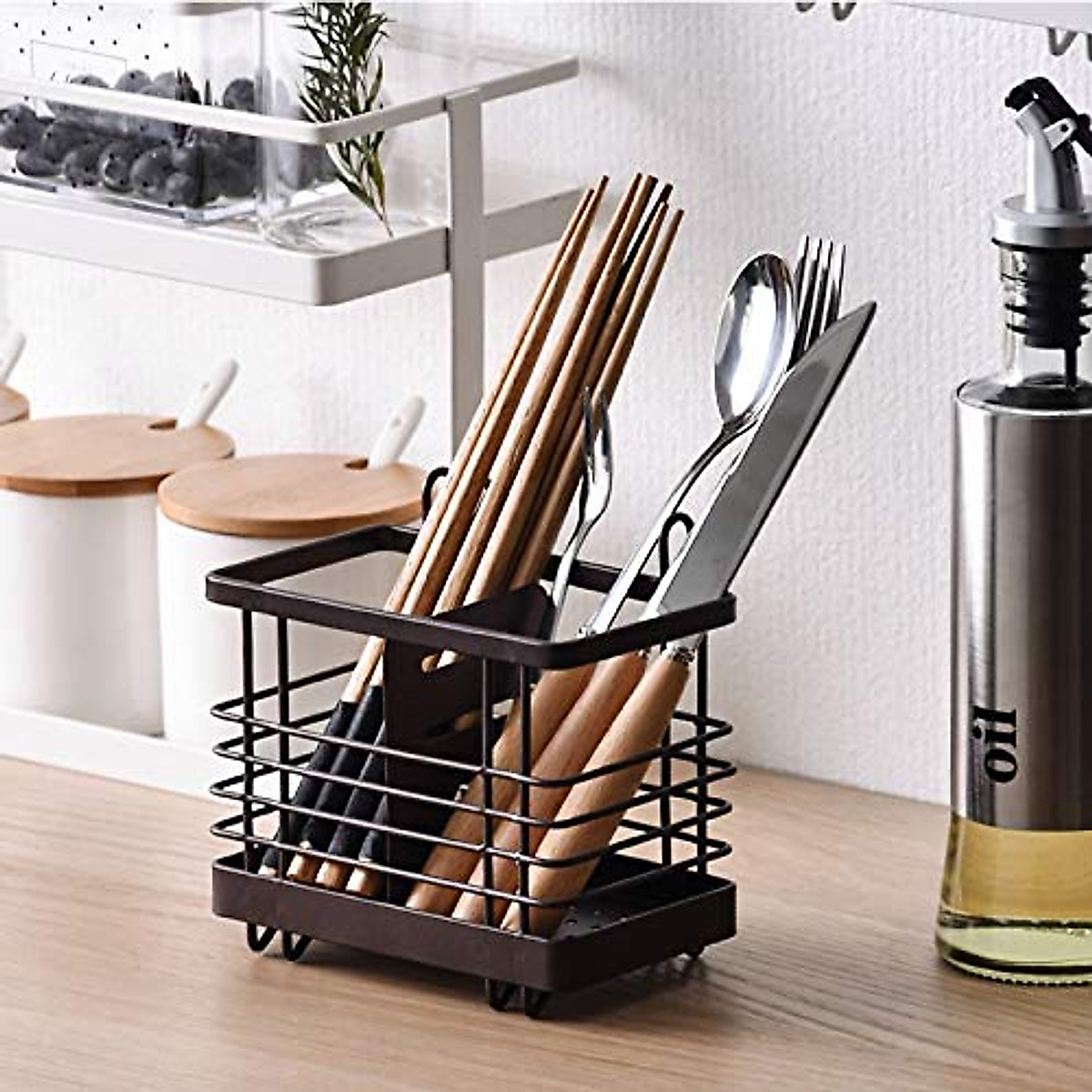 ZSQAI Hanging Spoon Chopsticks Fork Iron Storage Basket Kitchen Rack Cutlery Holder Cutlery Stand Countertop Shelf Rack Holder (Color : White)