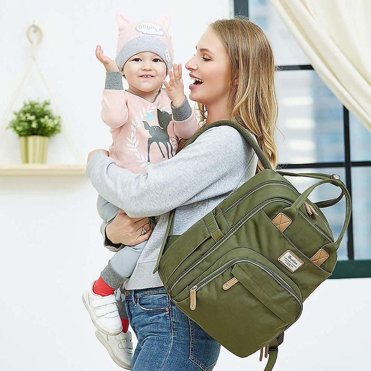 RUVALINO Diaper Bag Backpack, Stroller Hooks, Multifunction Travel Green Baby Back Pack with Changing Pad, Universal Stroller Clips for Mom Dad
