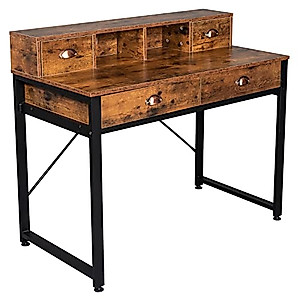 KOILYS Computer Desk with Drawers and Monitor Stand, 42" Home Office Study Writing Desk, Industrial Laptop Desk Workstation, Small Writing Desk with 4 Drawers for Small Place