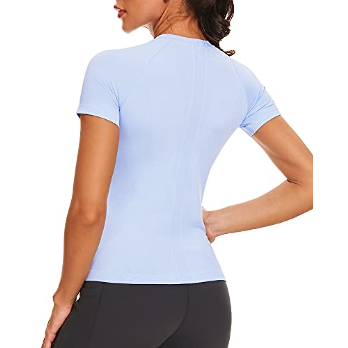 Stelle Women Workout Shirts Seamless Short Sleeve Yoga Tops for Sports Running Breathable Athletic Slim Fit (Short Sleeve-Blue,S)