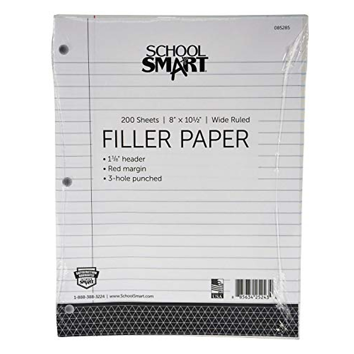 School Smart - 85285 3-Hole Punched Filler Paper w/ Red Margin, 8 x 10-1/2 Inches, Wide Ruled, 200 Sheets,White