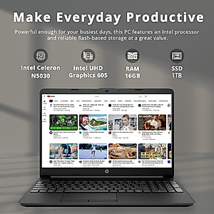 HP Laptop, 15.6 Inch HD Screen, Intel Pentium Silver N5030, 16GB RAM, 1TB SSD, Office 365, Windows 11 Pro, Long Battery Life, Type-C, RJ-45, HDMI, Numeric Keypad, Black, PCM