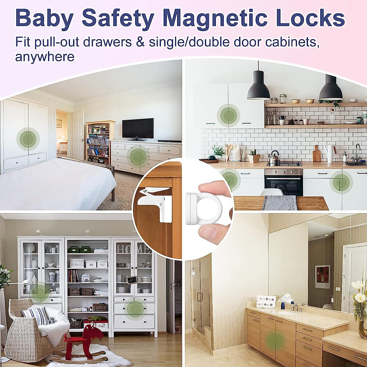 Adhesive Baby Proofing- Child Safety Magnetic Cabinet Locks - Works with Most Cabinets and Drawers - No Drilling Installation - (4 Locks and 1 Keys)