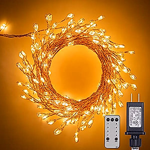 Cluster Fairy Lights with Remote, 10Feet 200LED Firecracker String Lights Plug in, Waterproof Copper Wire Firefly Lights for Bedroom Window Mantle Weddings Christmas Tree Decoration, Warm White