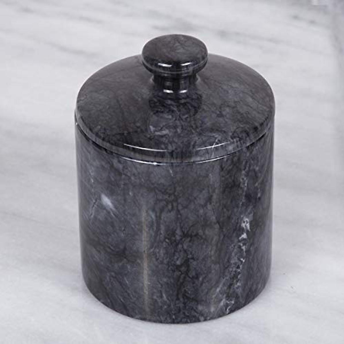 Creative Home Natural Black Marble SPA Collection Cotton Ball Swab Holder, Bathroom Makeup Storage Jar Container Organizer, 3.8" Diam. x 5.2" H, Black