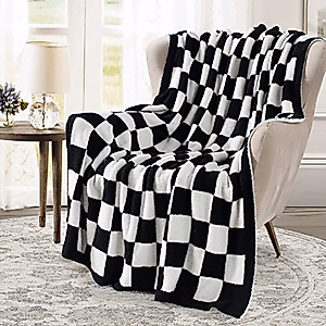 Carriediosa Black Checkered Blanket, Soft Fluffy Plaid Throw Blanket for Sofa Bed Chair, Knitted Farmhouse Luxurious Microfiber Feather Yarn Warm Blankets (Black Check 50" x 60")