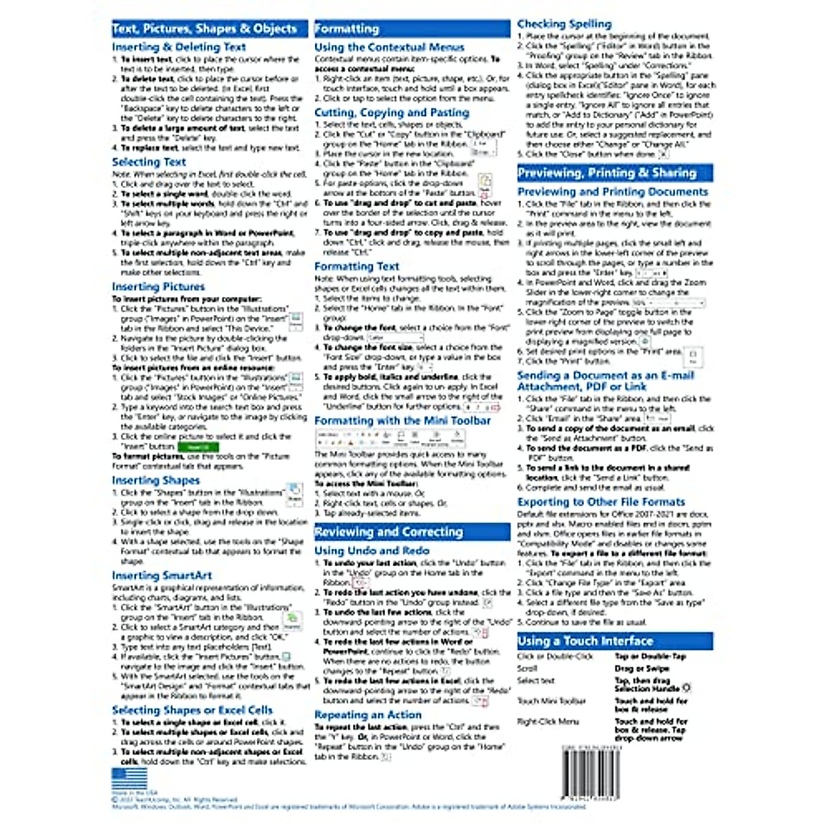 Microsoft Office 2021 and 365 Basics Quick Reference Training Tutorial Guide (Cheat Sheet of Instructions & Tips for Excel, Word, and PowerPoint- Laminated Card)