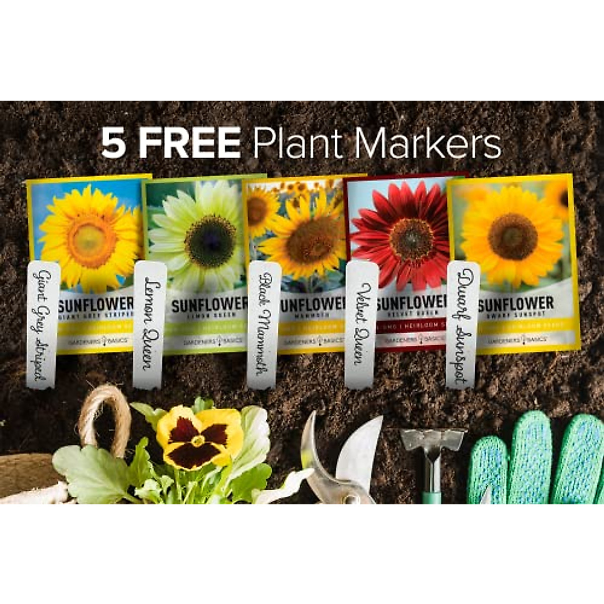 Sunflower Seeds for Planting Flowers (5 Pack Mix) - Velvet Queen, Dwarf Sunspot, Lemon Queen, Giant and Mammoth Bulk Mix of Regular Sunflower Seeds for Outdoor Flower Garden by Gardners Basics