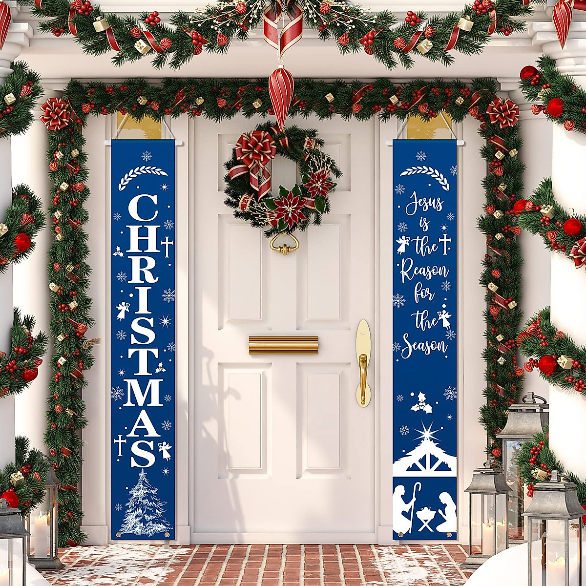 BBTO Pcs Christmas Nativity Scene Porch Sign Jesus Is The Reason for Season Banner Religious Holy Door Xmas Hanging Decorations Home Front 1BBTO x 7BBTO Inch, blue, white