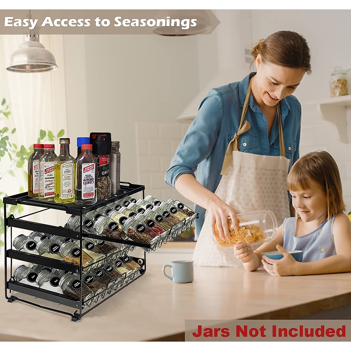 Artibear Spice Rack Organizer with Mesh Drawer for Kitchen Cabinet, 3-Tier Seasoning Storage Holder for Pantry Countertop, Matte Black (Jars Not Included)