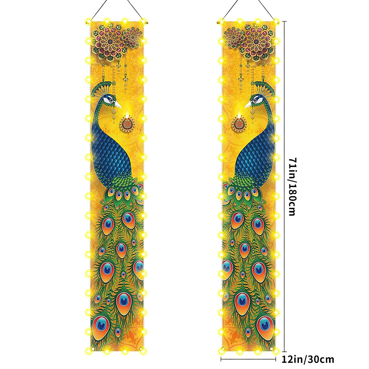 Happy Diwali Porch Banner with Lights Indian Diwali Peacock Front Porch Welcome Sign Deepavali Indian Festival of Lights Decorations-12×71''