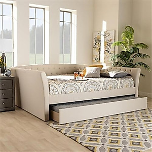 Baxton Studio Delora Modern and Contemporary Beige Fabric Upholstered Full Size Daybed with Roll-Out Trundle Bed