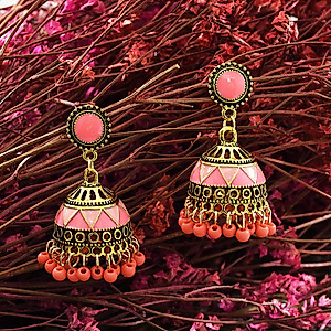 idealway 4-6 Pairs Indian Jhumka Jhumki Drop Dangle Earrings for Women Mexico Gypsy Enamel Earrings Ethnic Style Golden Ball Pendant Earrings Female (AA)