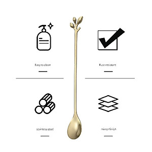 10 Pieces Stainless Steel Leaf Teaspoons Coffee Teaspoon 7.4 Inch Set Stainless Steel Long Handle Spoon Stir Bar Spoon Stirring Spoon Ice Cream Spoon Gold