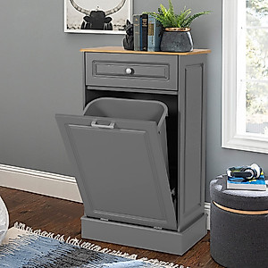 Anbuy Tilt Out Trash Cabinet Can Bin Kitchen Wooden Trash Can Free Standing Holder Recycling Cabinet with Hideaway Drawer Wooden Trash Holder (Grey)