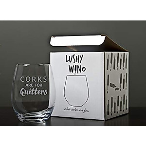 Lushy Wino - Corks Are For Quitters | 18oz. Etched Stemless Wine Glass: Dishwasher Safe Funny Wine Glasses For Women in Gift-Ready Box