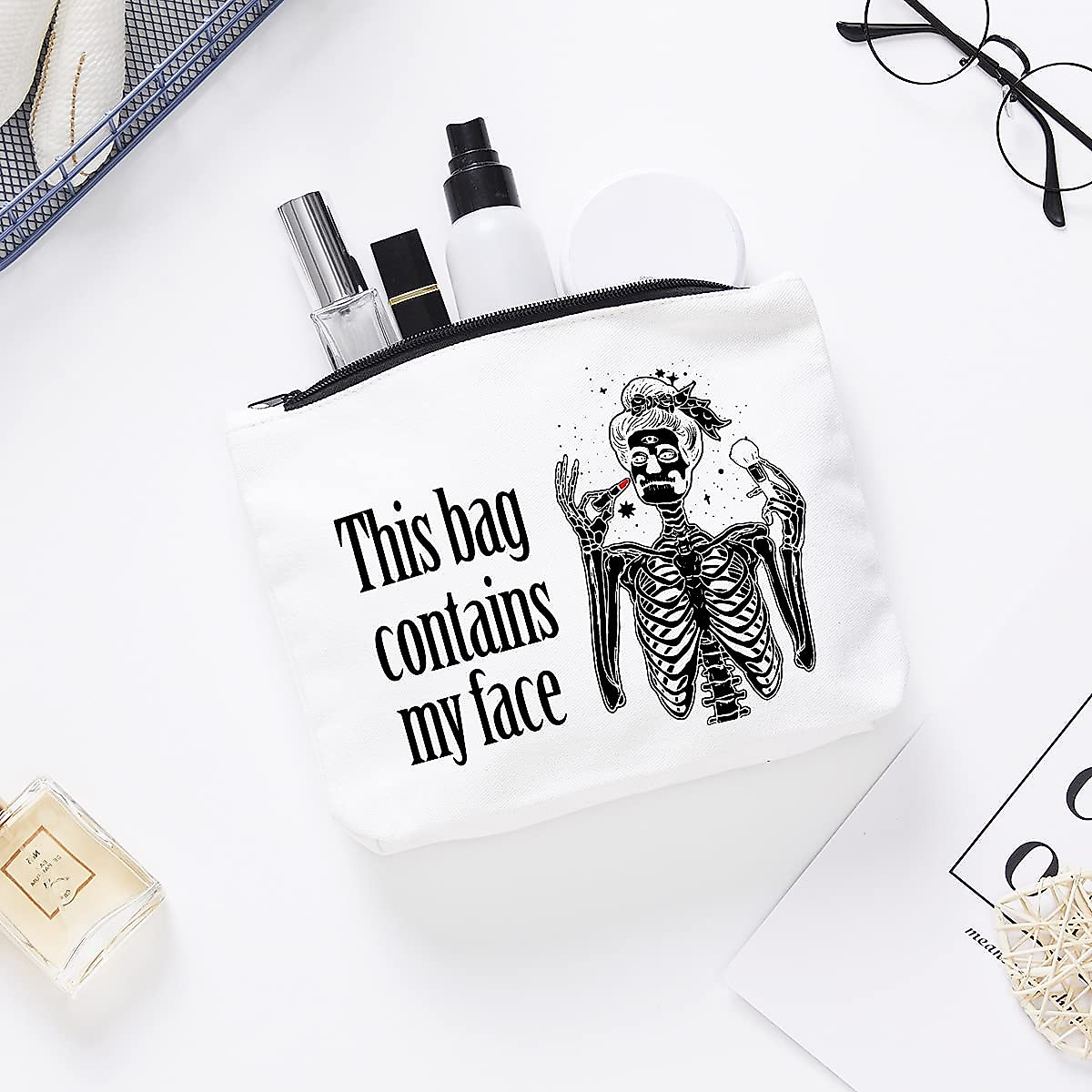 IHopes+ Funny Skeleton Makeup Bag Gift for Women Best Friends Sister | This Bag Contains My Face Makeup Zipper Pouch Bag Cosmetic Travel Accessories Bag Gifts halloween gifts