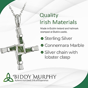 Biddy Murphy Saint Brigid Celtic Cross Pendant Necklace 925 Sterling Silver and Connemara Marble Inlay, Authentic Irish Jewelry Imported from Ireland,18" Length, 7/8" x 1 1/14" Inch