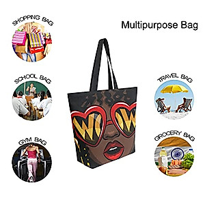 ALAZA Afro African American Woman Large Canvas Tote Bag Shopping Shoulder Handbag with Small Zippered Pocket