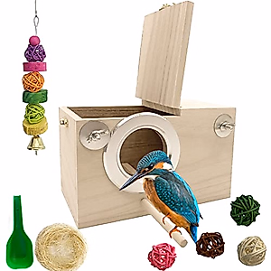 MUYG Parakeet Breeding Box Birds Natural Wooden House Lovebird Nesting Mating Box 7Pcs Bird Supplies for Cockatiel Finch Canary Budgie Aviary (7.67×4.72x4.72 in)