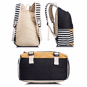 Leaper Navy Style School Laptop Backpack Girls Striped Canvas Bookbag Black