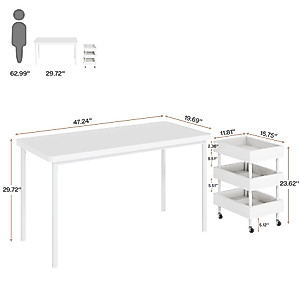 Tribesigns 47-Inch Computer Writing Desk, Simple White Home Office Desks with 3-Tier Wood Storage Cart, Modern Study Table Work Desk Workstation for Bedroom, Small Spaces
